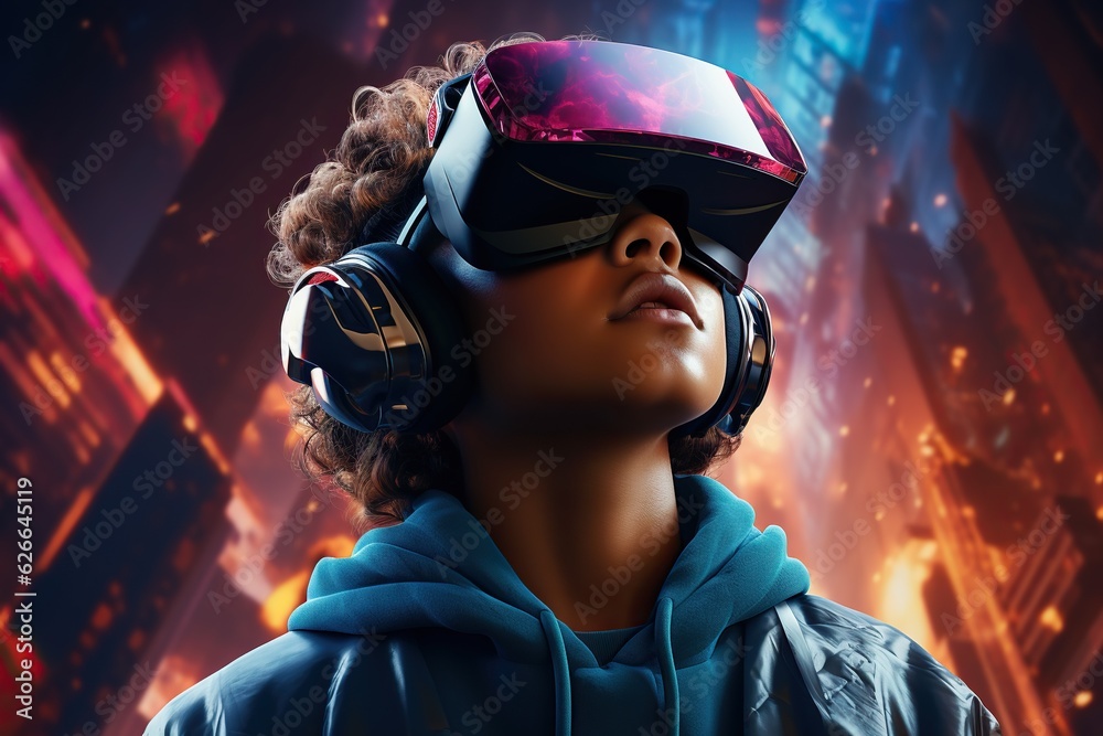 Teenager with VR headset exploring metaverse, playing video game in neon cyberpunk city street ...