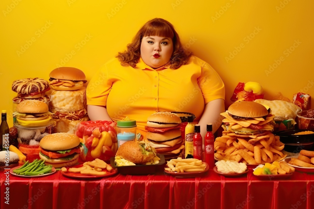 Fast food. Overweight obese woman facing stress eating, illustrating ...