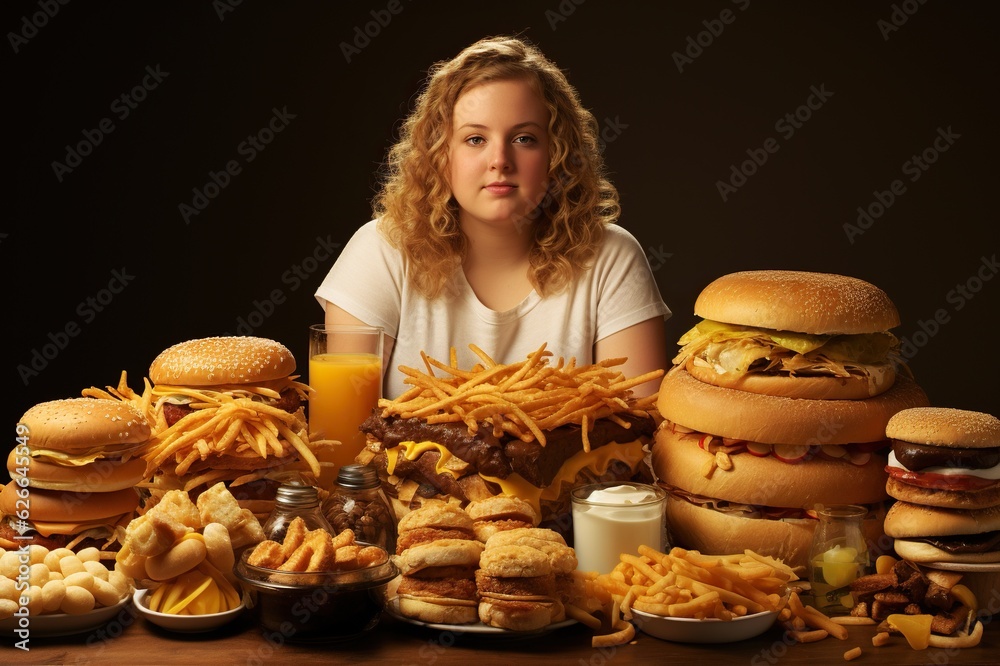 Overweight woman with fast food, depicting stress eating, obesity and ...