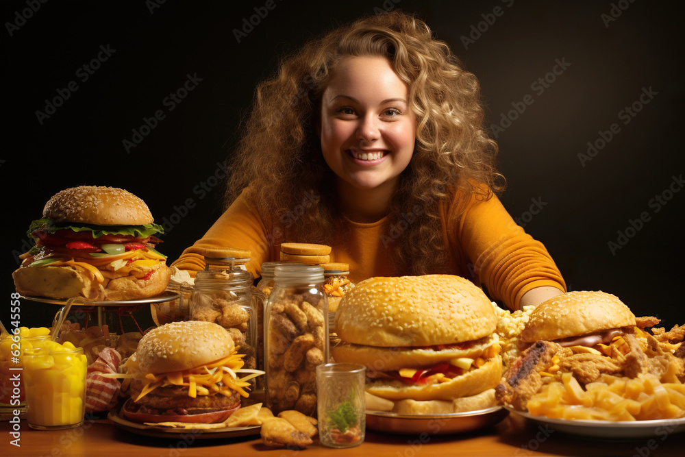 Overweight woman with fast food, depicting stress eating, obesity and ...