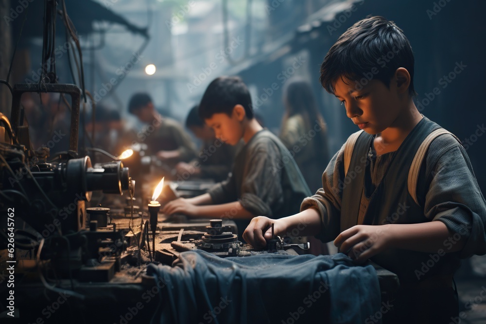 Child labour, group of young poor asian children forced to work in a ...