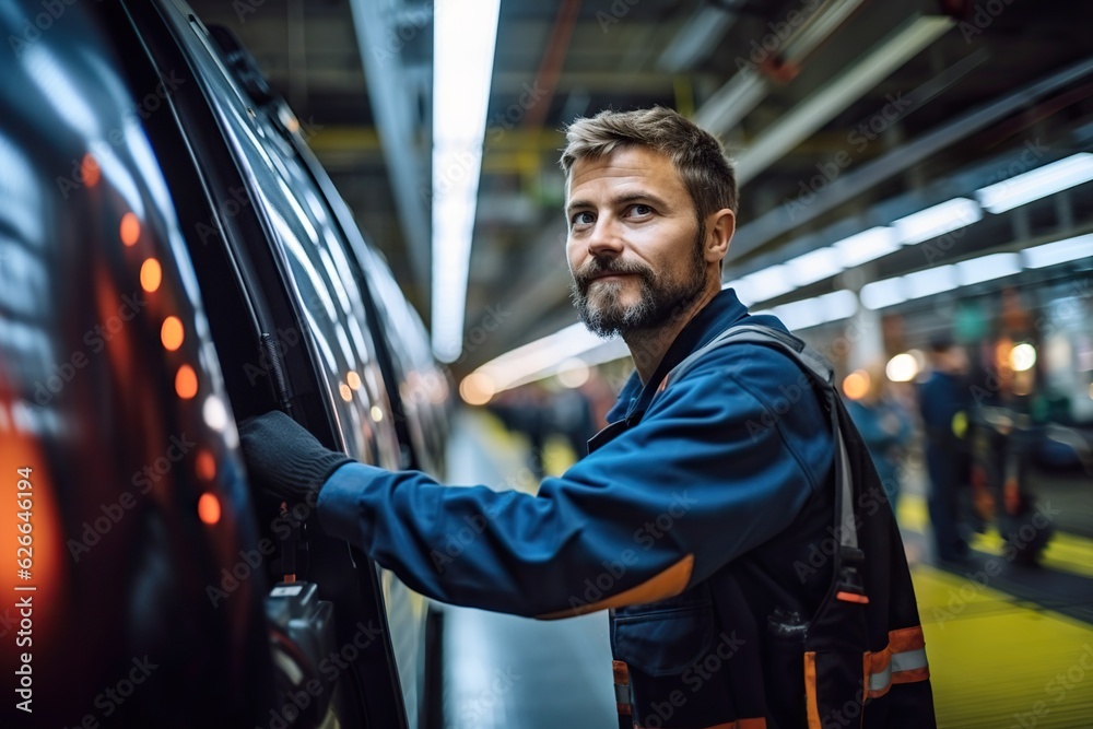 Engineer worker in automotive factory, car manufacturing process ...