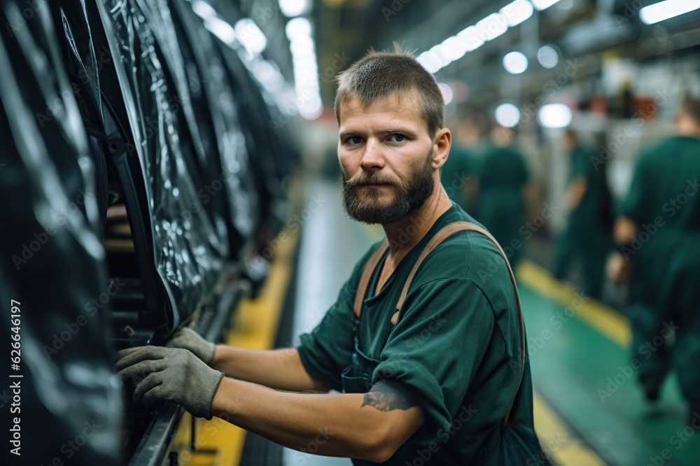 Engineer worker in automotive factory, car manufacturing process ...