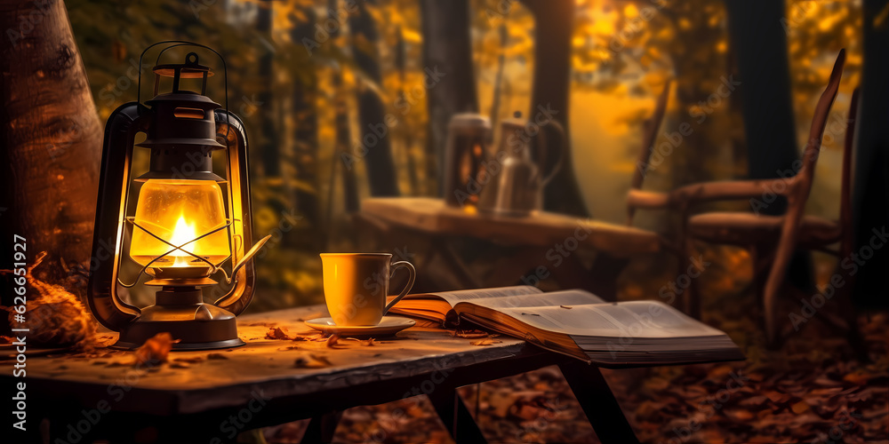 Cozy camping scene with a glowing lantern hanging from a tree branch ...