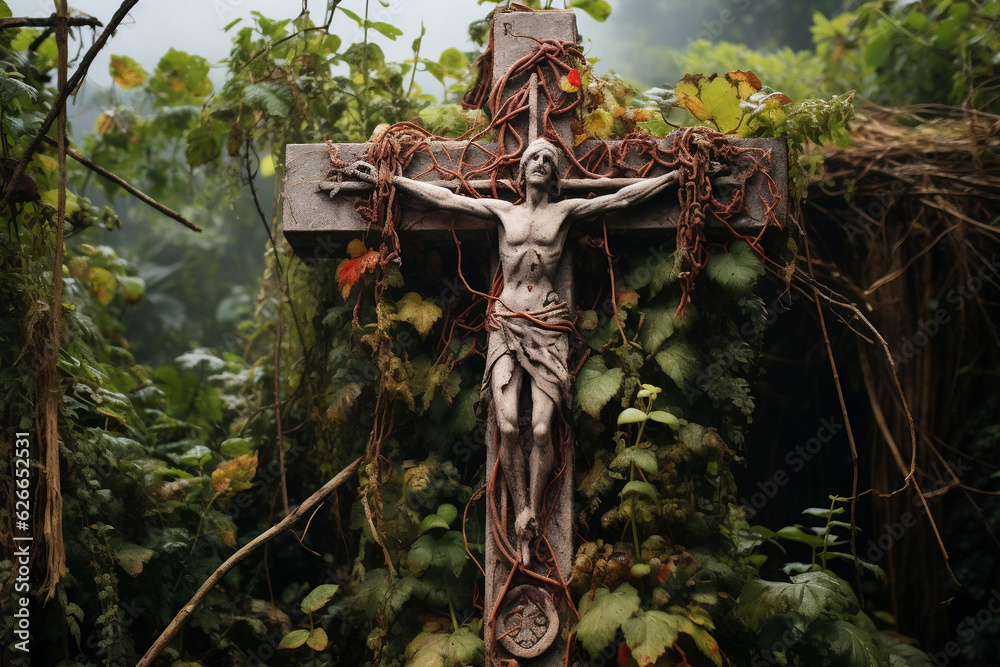 Weathered INRI sign amidst overgrown vines on rugged wooden cross Stock ...