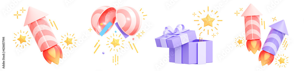 3D Birthday emoji icon set. Party surprise decorations. Firecracker ...