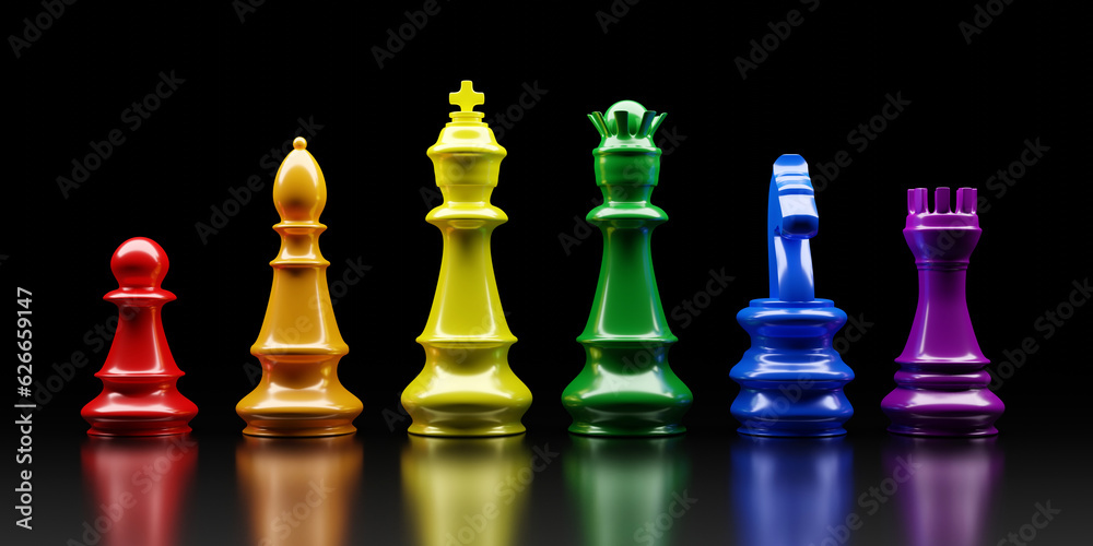 Rainbow color Chess pieces. Chess king, queen, horse, bishop, rook and ...