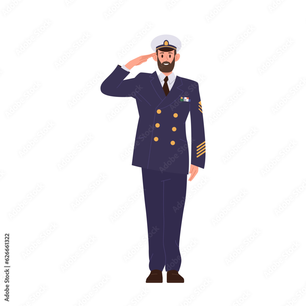 Brave male captain wearing marine crew uniform saluting standing ...