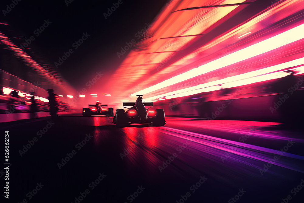 Colourful neon race car on the race track, Formula 1 at night competing ...