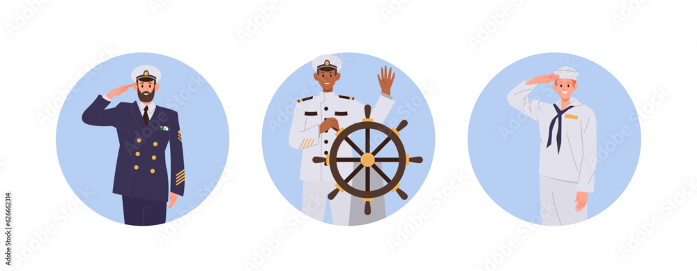 Poster Ship crew isolated set of round composition with happy admiral ...