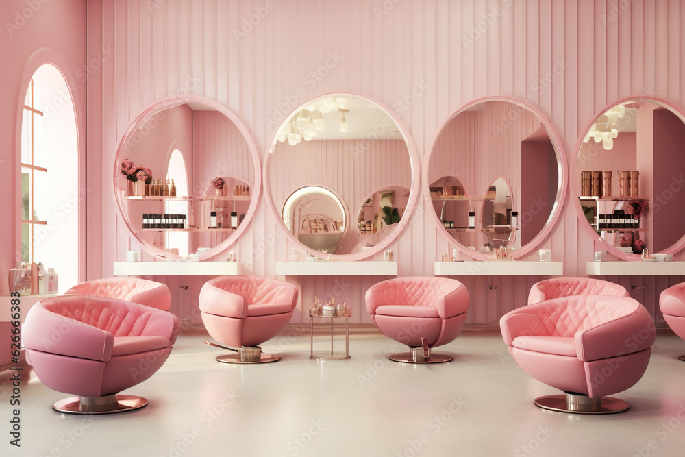 Beauty salon interior, chairs and mirrors in pink cosmetic service shop ...