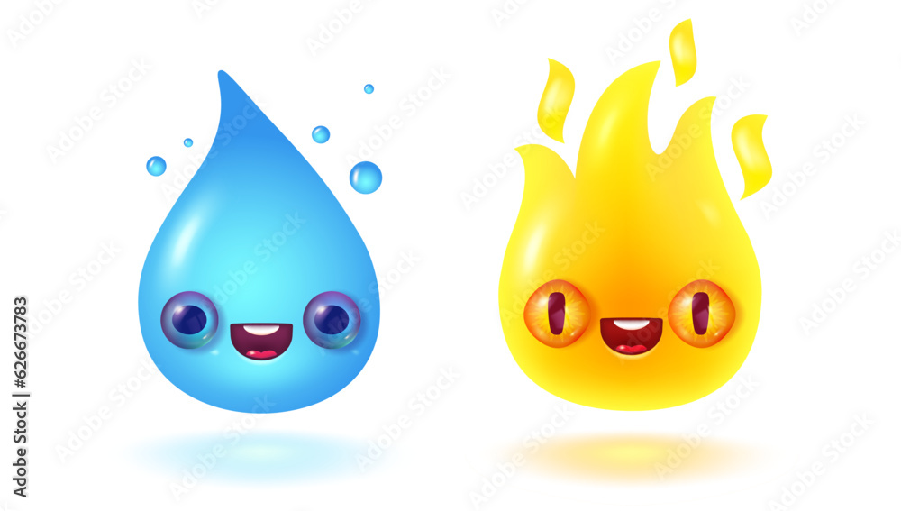 Vector illustration of water drop and fire flame in 3D style with ...