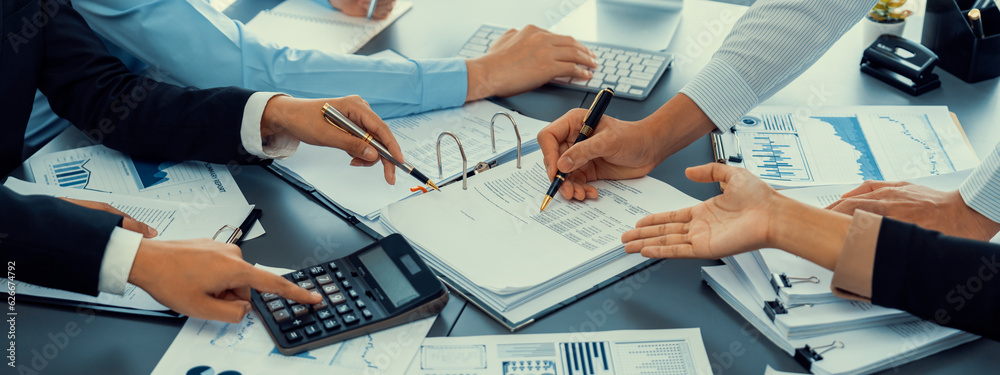 Auditor and accountant team working in office, analyze financial data ...
