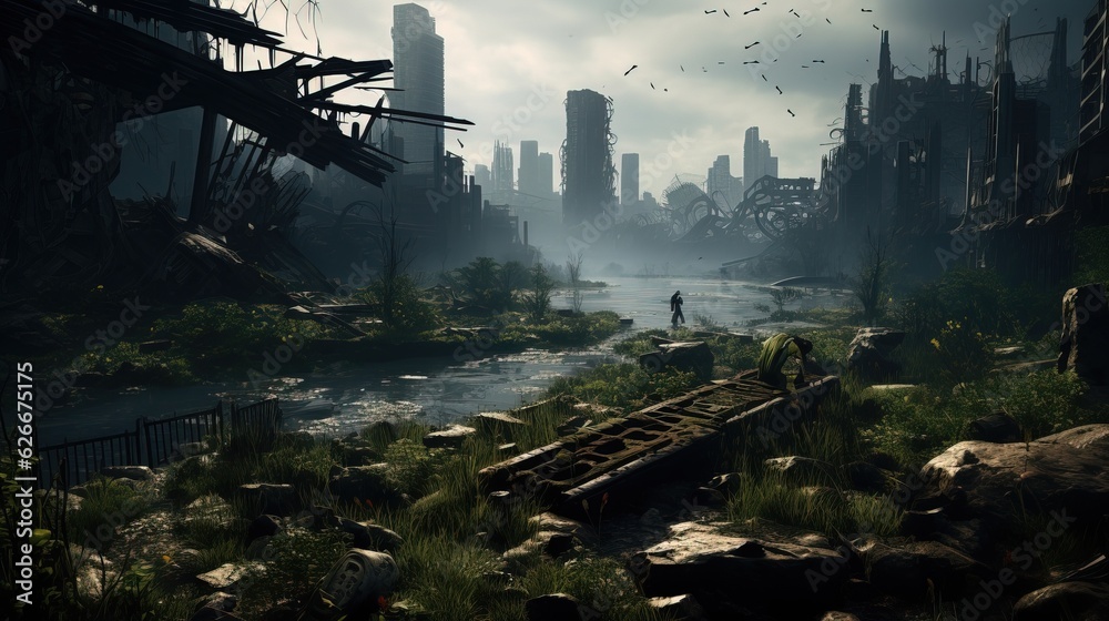 Post-apocalyptic wasteland where nature has reclaimed the land ...