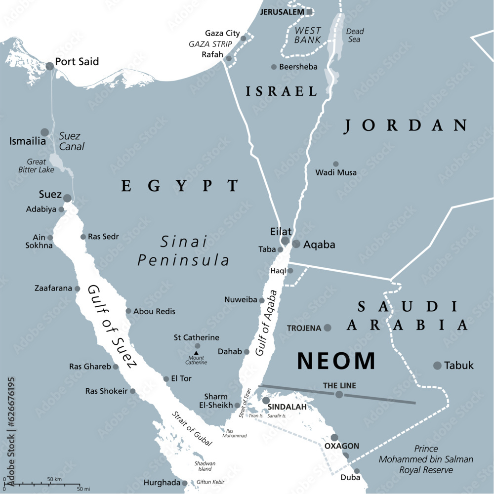 NEOM and Sinai Peninsula, gray political map. Neom, a planned smart ...