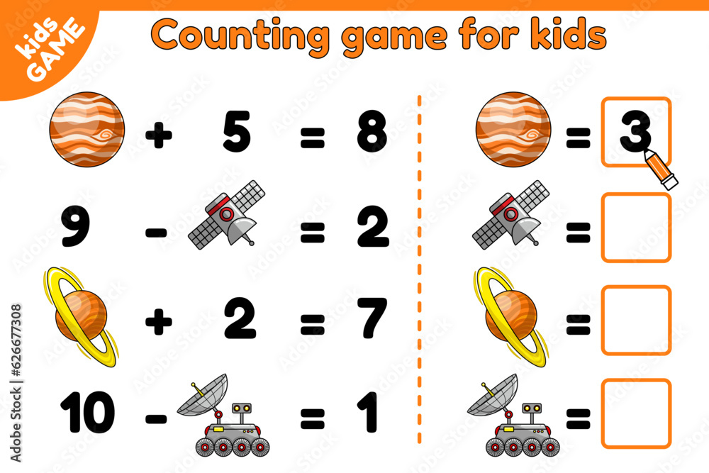 Math counting game for children on space theme. Educational worksheet ...