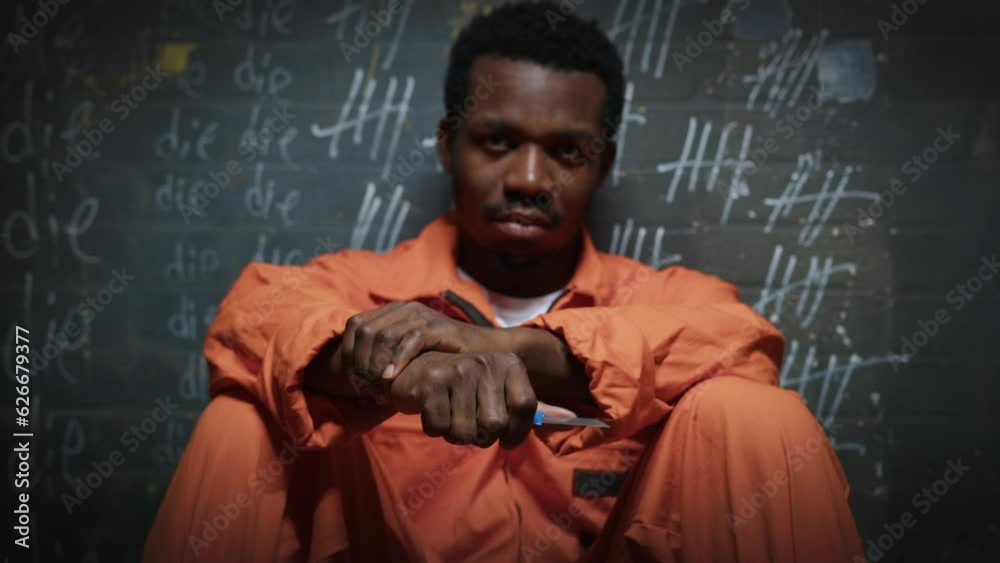 Black inmate sits on floor with back against wall with sharpening in ...