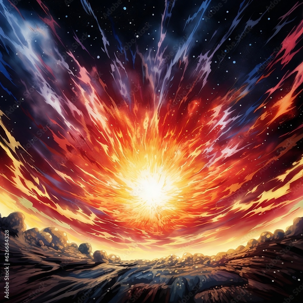 Massive stellar explosion known as a supernova. Large waves of fire and ...