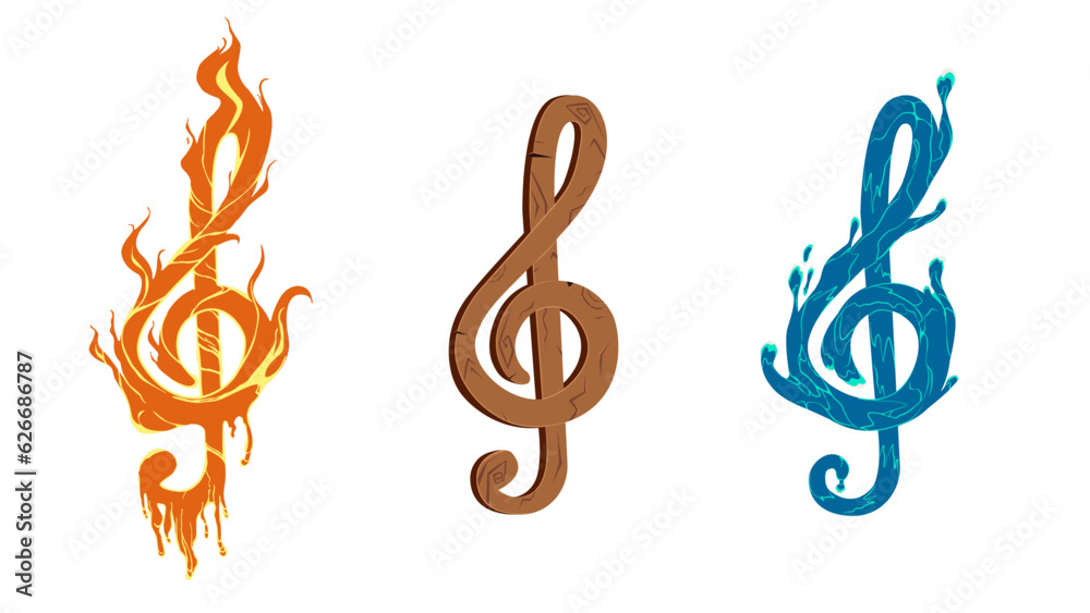 Three treble clefs, fire, water and wood. Unusual key. Graphic resource ...