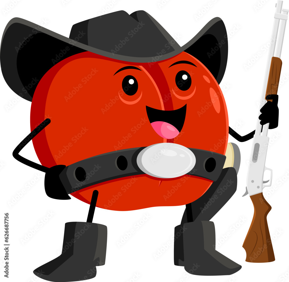 Cartoon red apple cowboy or robber character. Vector bandit or ranger ...