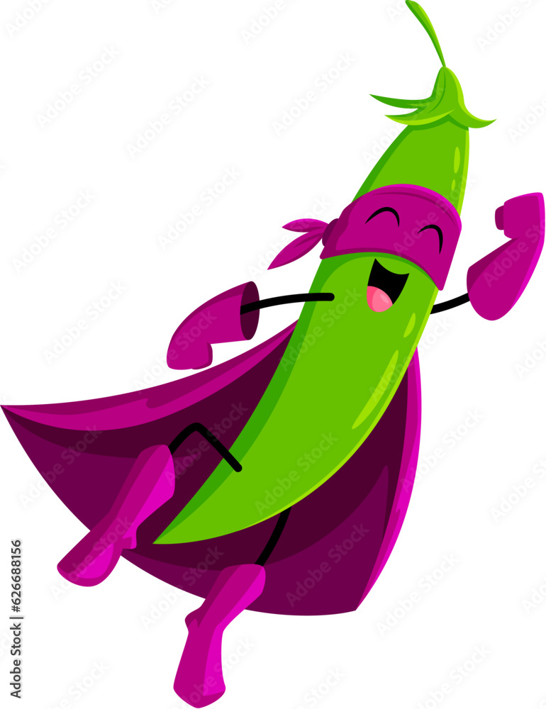 Cartoon cheerful pea pod vegetable superhero character. Farm fresh ...