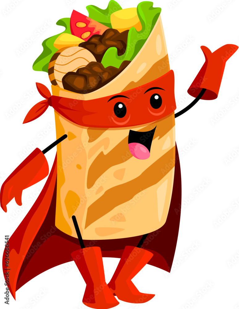 Cartoon Fast Food Burrito Superhero Character Street Food Restaurant Meal Warrior Cheerful
