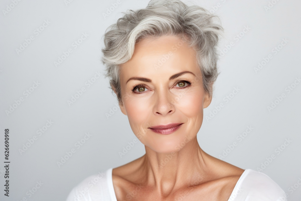 60 year old woman with perfect complexion, model look. Facial treatment ...