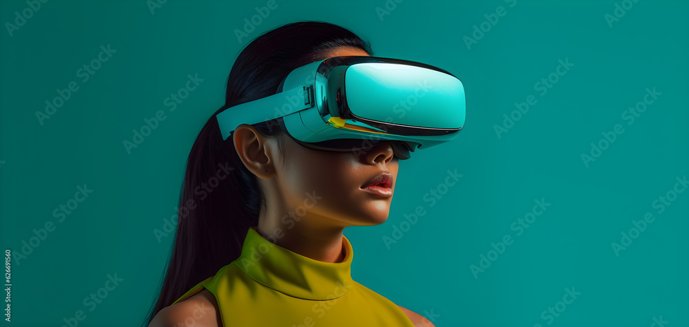 Latina woman joyfully exploring virtual reality with VR glasses in a ...