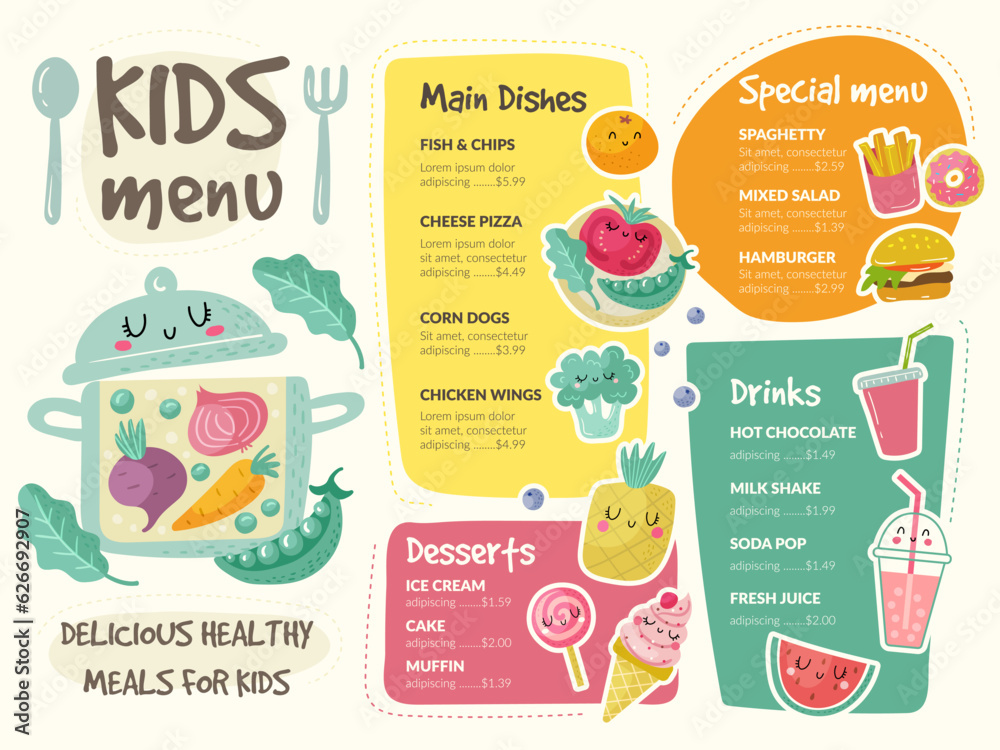 Menu for kids. Restaurant template menu print design with place for ...