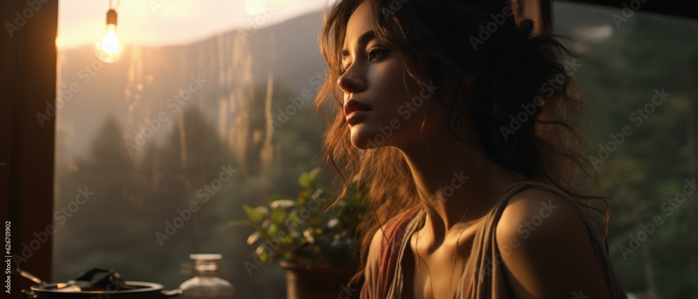 Ethereal young woman gazes outside, golden sunlight highlighting her ...