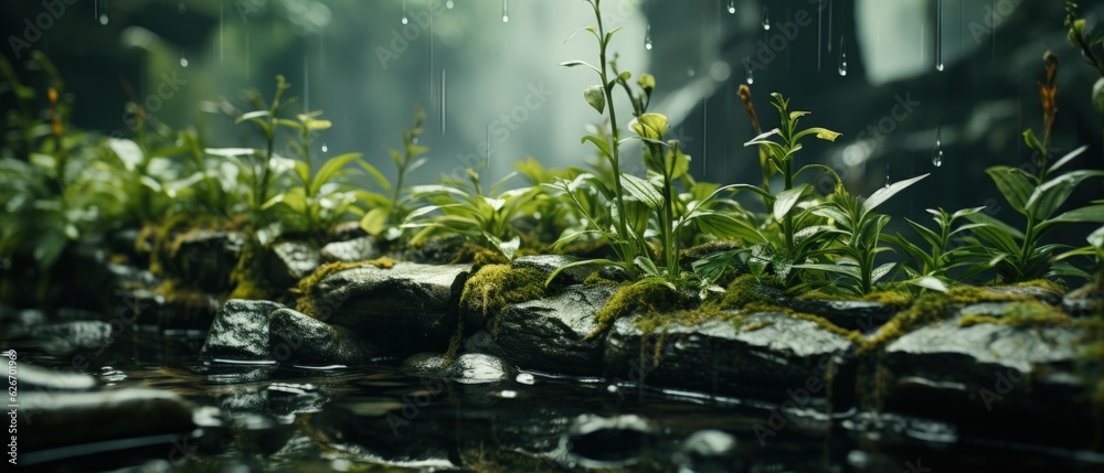 New Growth Rainfall: Young plants emerging from mossy stones in rain ...