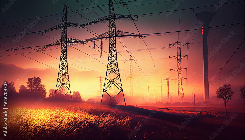 Industrial landscape with power lines, high voltage towers and wind ...