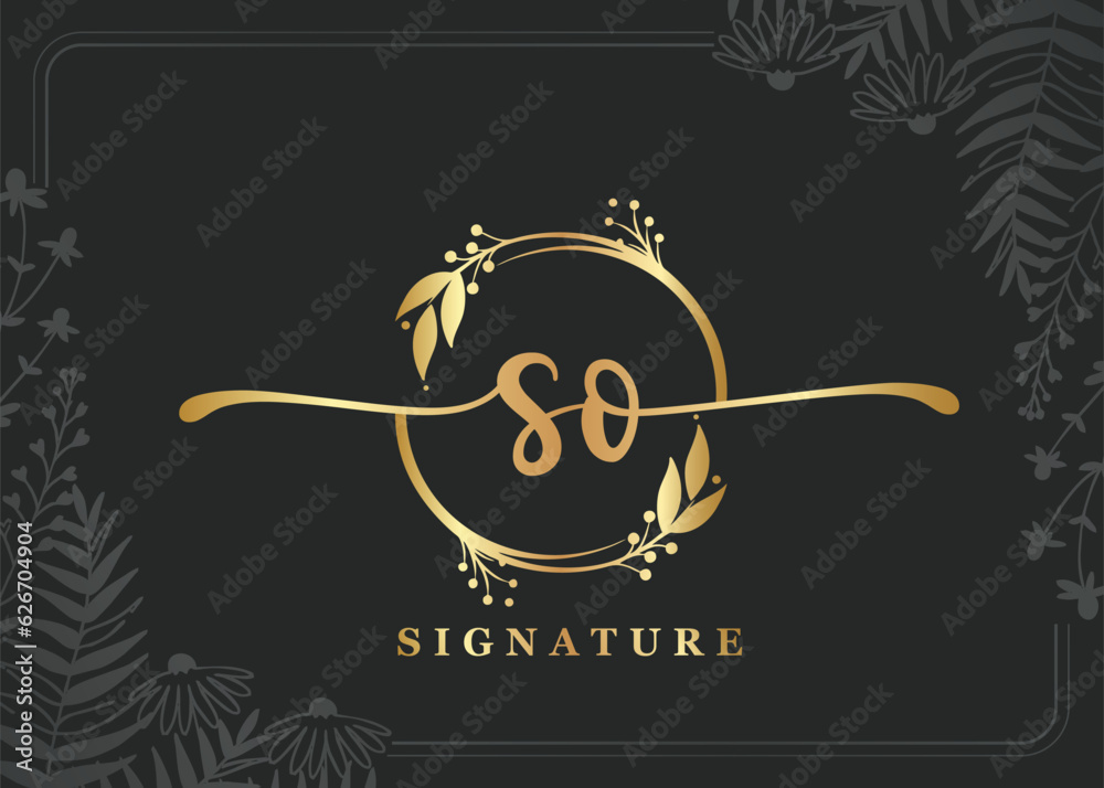 luxury gold signature initial so logo design isolated leaf and flower ...