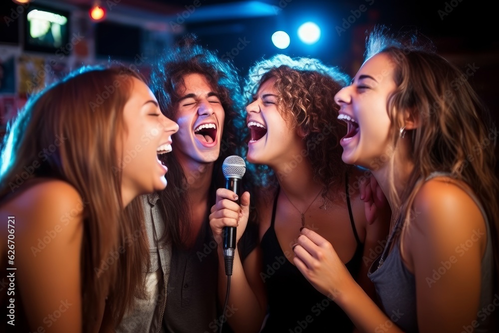 a group of diverse young friends singing at a karaoke party in a night ...