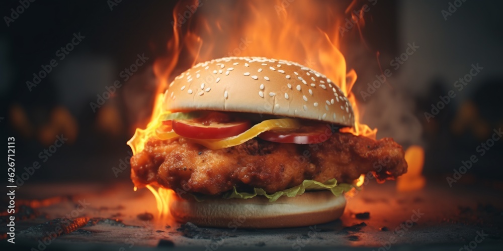 Hot chicken burger with vegetables on flaming fire background. Created ...