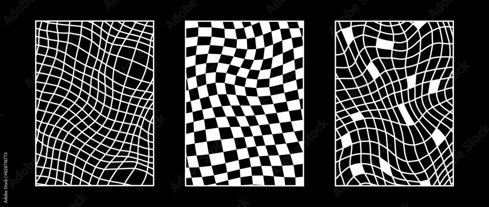 Set of distorted wireframe backgrounds. Abstract wavy checkerboard ...