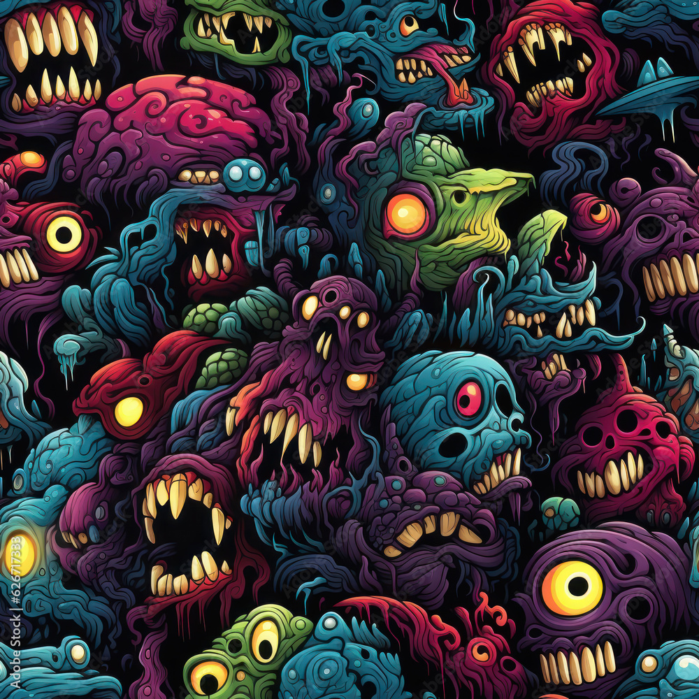 Horror dead halloween with skull, monster seamless pattern. Artistic ...