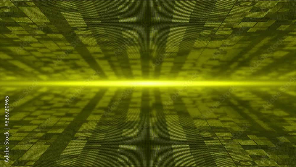Yellow flying particles in digital 3d technologic cyberspace with light ...