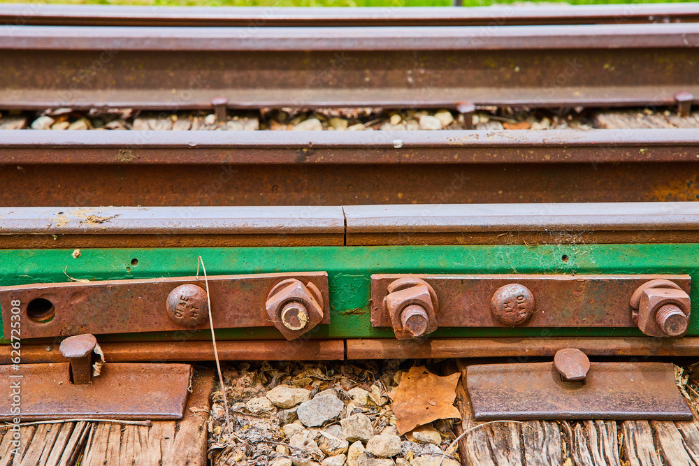 Low view of green metal along nuts and bolts on train tracks with leaf ...
