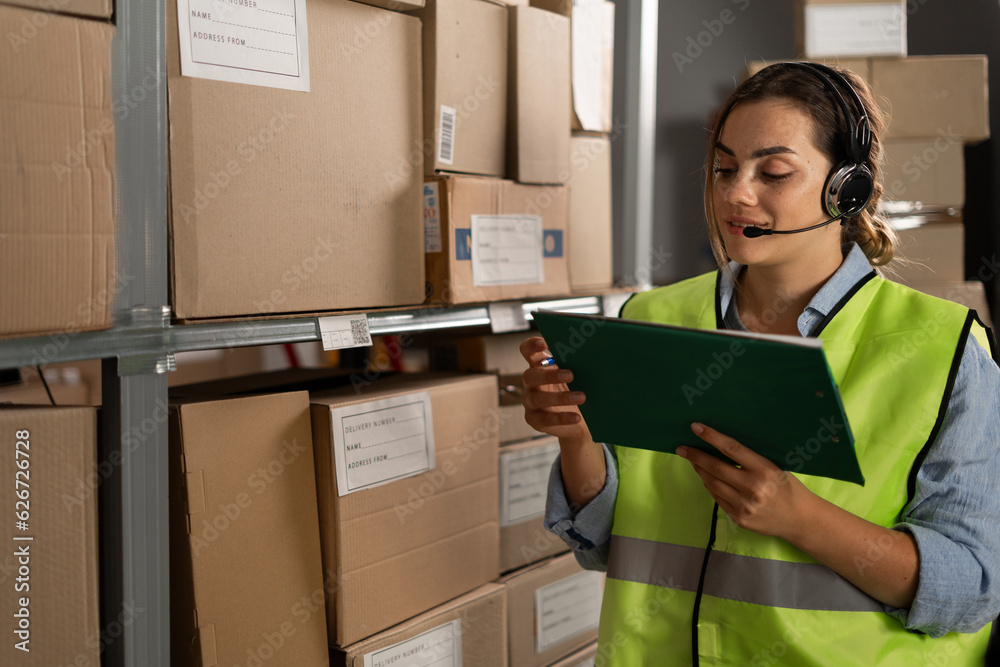 warehouse worker checks the items against an inventory list on a ...