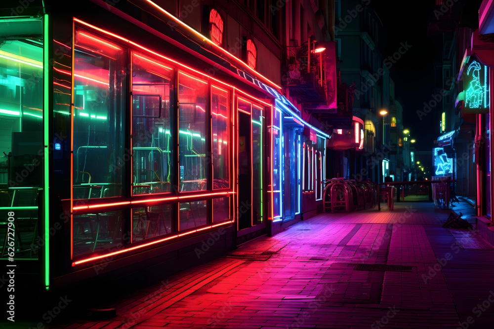 city street alley in the night with neon light storefronts Stock ...