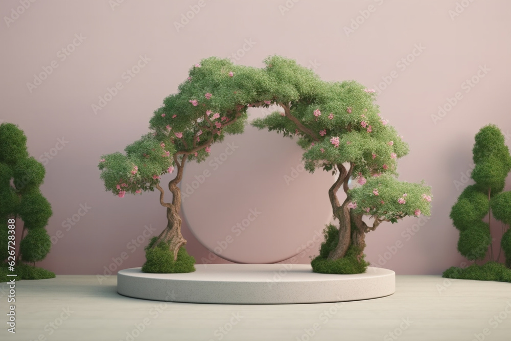 Japanese bonsai tree with pink flower on display podium. Oriental style ...