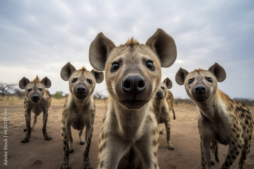 group of funny Hyena making selfie standing upright and looking ...