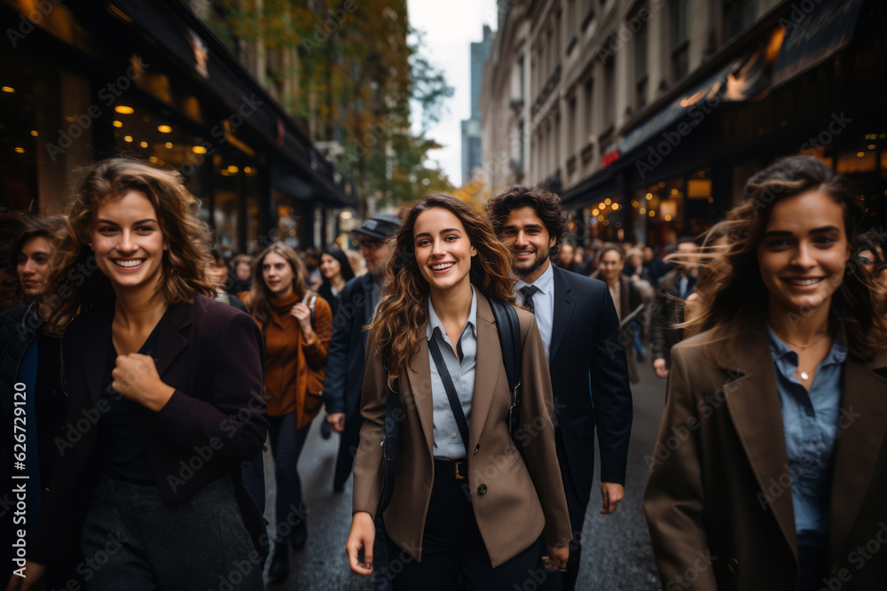 Joyful millennials commuting in an urban setting, walking together on ...