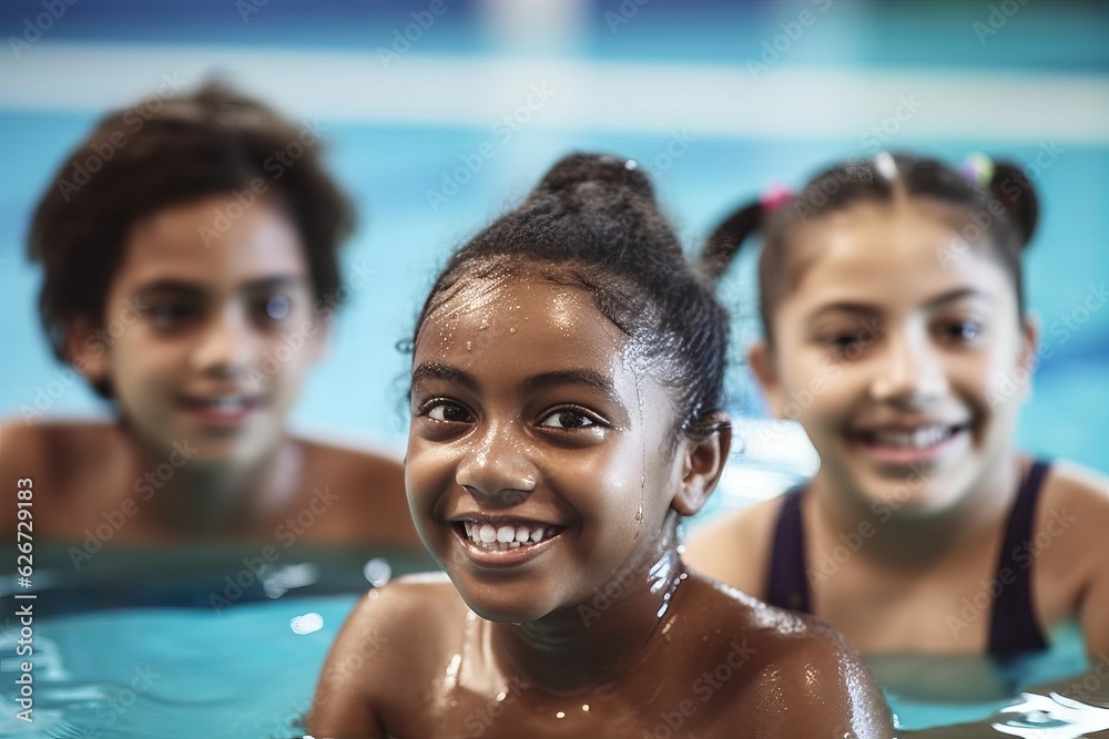 Joyful young children, sharing smiles and laughter as they swim ...