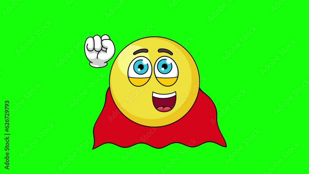 Superhero yellow emoticon flying with red cape, green screen animation ...