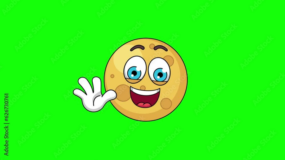 Waving hand animation of a moon emoticon, emoji character on green ...