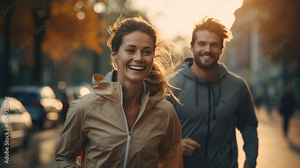 smile of couple in park. jogging running, exercise morning background ...