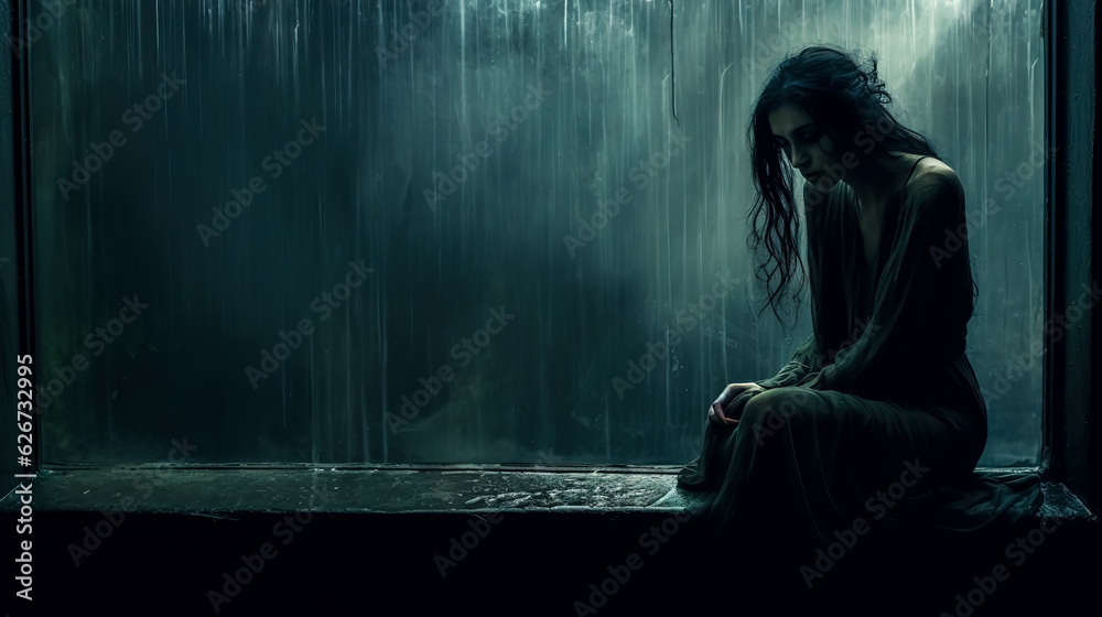 female solitude, a portrait of a sad woman next to a window with ...