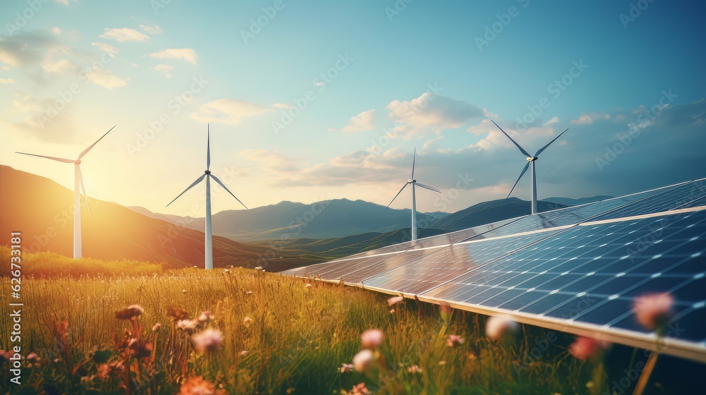 renewable energy background with green energy as wind turbines and ...